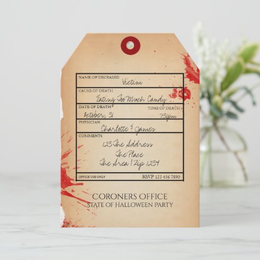 Novelty Halloween Party Toe Tag Coroners Office Invitation | Zazzle
