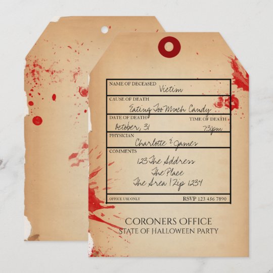 Novelty Halloween Party Toe Tag Coroners Office Invitation | Zazzle.com