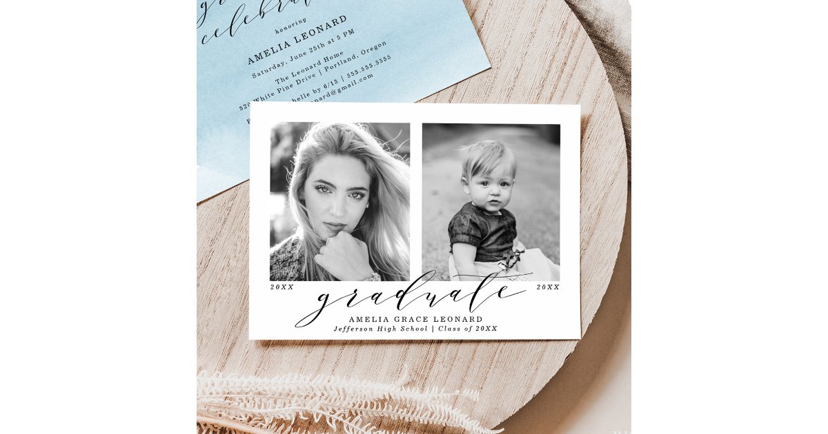 Now and Then Blue 2 Photo Graduation Party Invitation | Zazzle