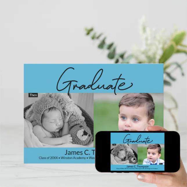 Now and Then blue kindergarten boy Graduate photo Announcement | Zazzle