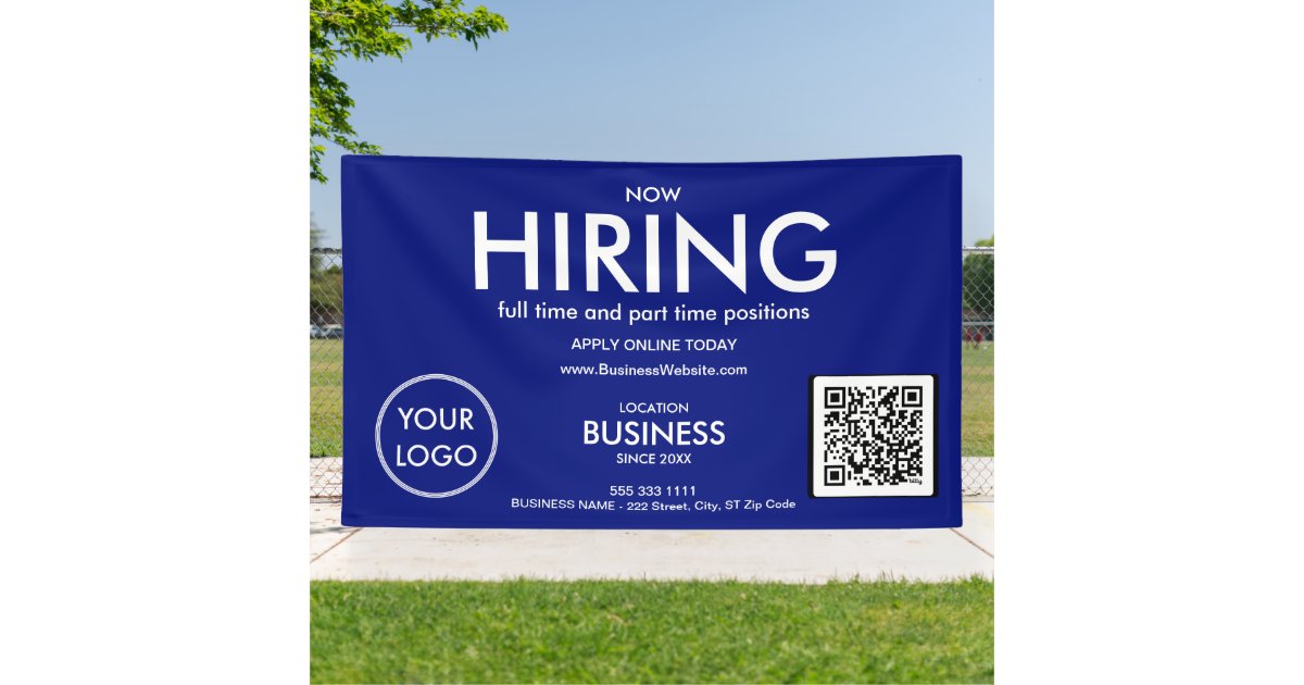 Now Hiring Modern Blue Business Logo QR Code Banner | Zazzle