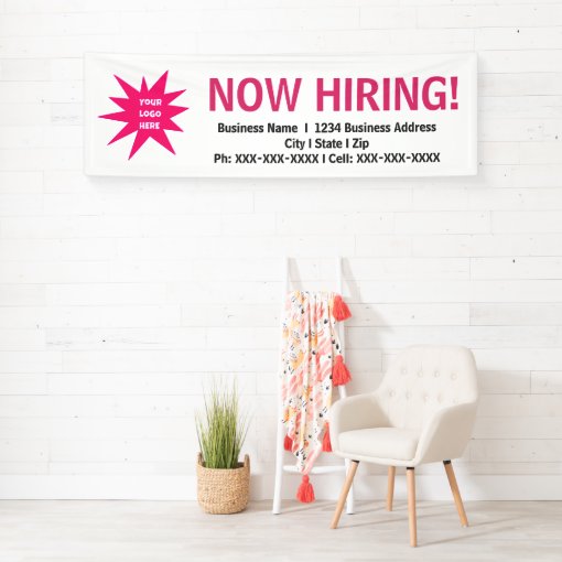 Now hiring pink white logo banner sign | Zazzle