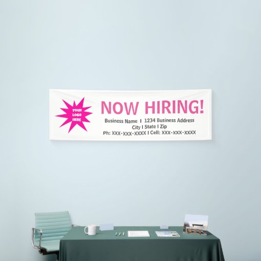 Now hiring pink white logo banner sign | Zazzle