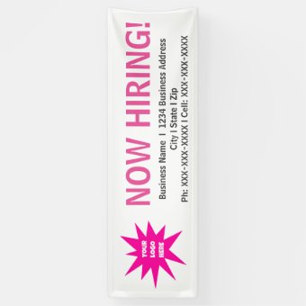 Now hiring pink white logo banner sign | Zazzle