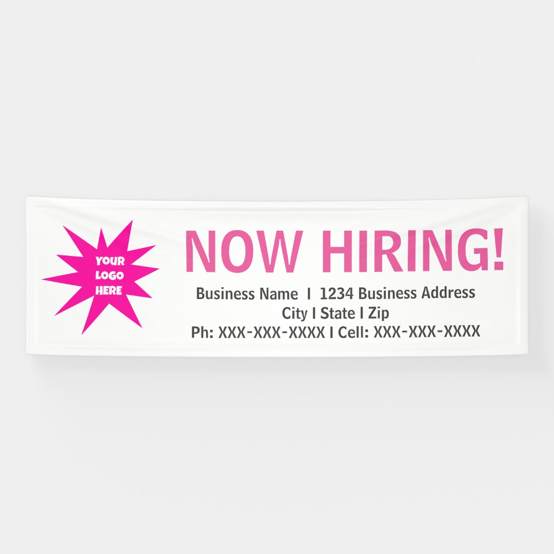 Now hiring pink white logo banner sign | Zazzle
