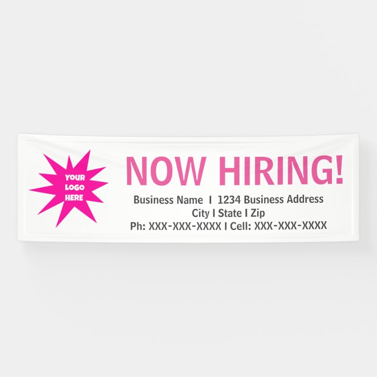 Now hiring pink white logo banner sign | Zazzle