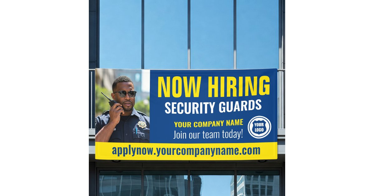 Now Hiring Security Guard Job Logo Photo Blue Banner | Zazzle