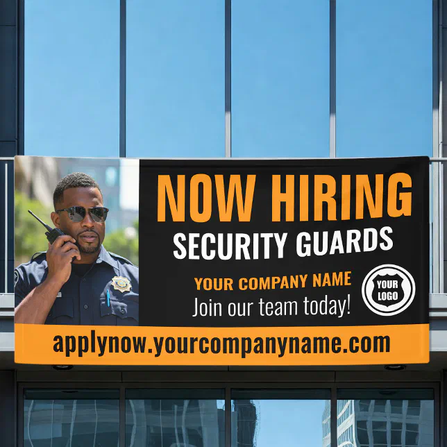 Now Hiring Security Guard Job Logo Photo Orange Banner | Zazzle
