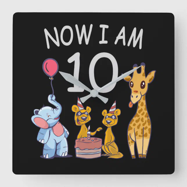 Now I am 10 years old 10th Birthday at the Zoo Square Wall Clock | Zazzle