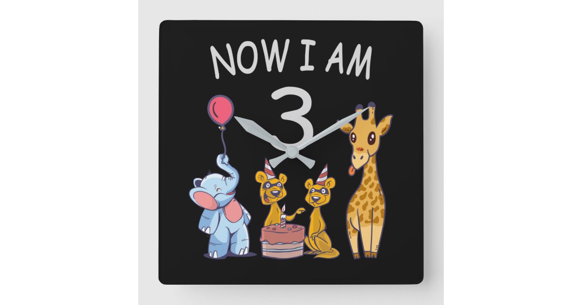 Now I am 3 year old 3rd Birthday at the Zoo Square Wall Clock | Zazzle