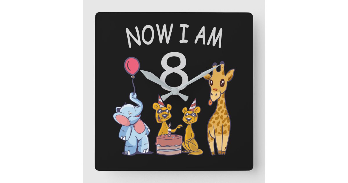 Now I am 8 years old 8th Birthday at the Zoo Square Wall Clock | Zazzle