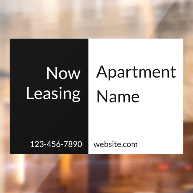 Now Leasing Black and White Apartment Name & Phone Window Cling | Zazzle