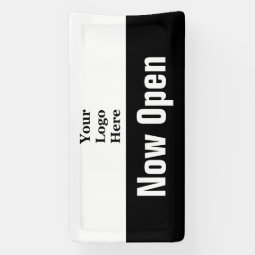 Now Open Black and White Business Your Logo Here Banner | Zazzle
