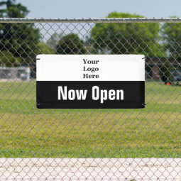 Now Open Black and White Business Your Logo Here Banner | Zazzle