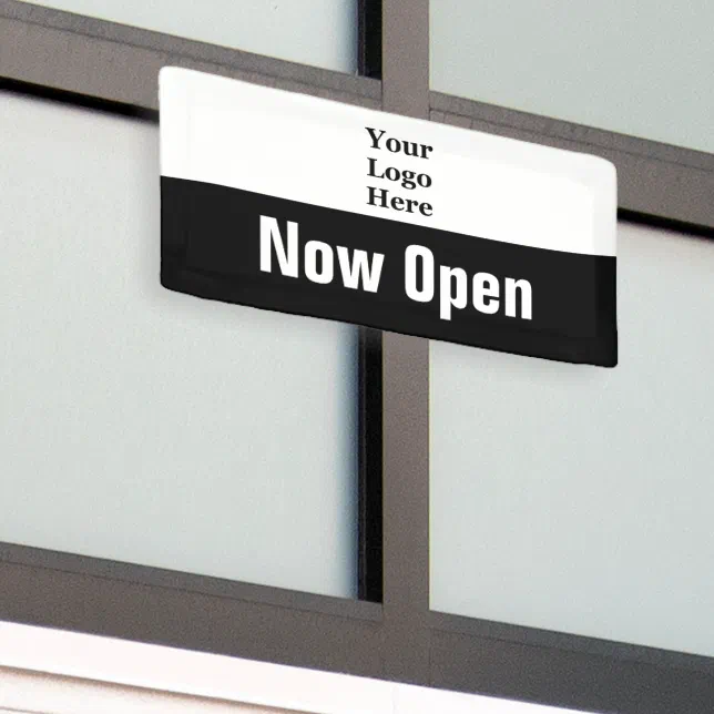 Now Open Black and White Business Your Logo Here Banner | Zazzle