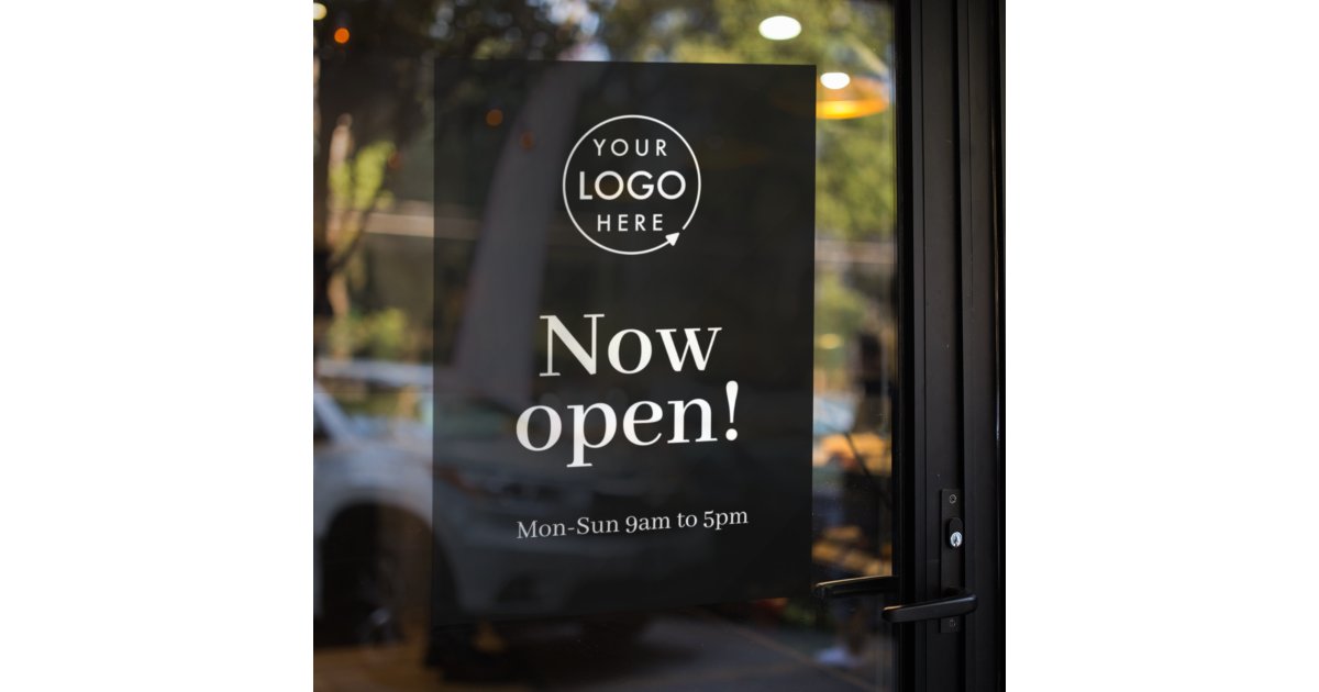 Now Open | Business Opening Times Logo Black Window Cling | Zazzle