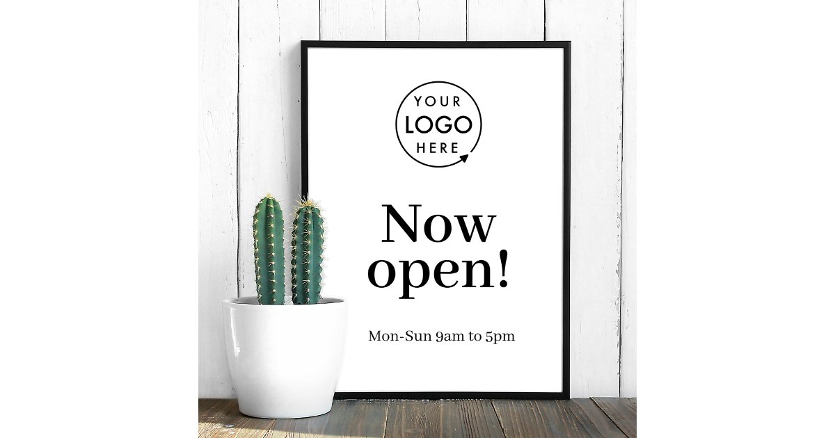 Now Open | Business Opening Times Logo White Poster | Zazzle