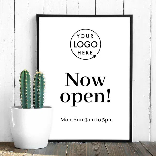 Now Open | Business Opening Times Logo White Poster | Zazzle