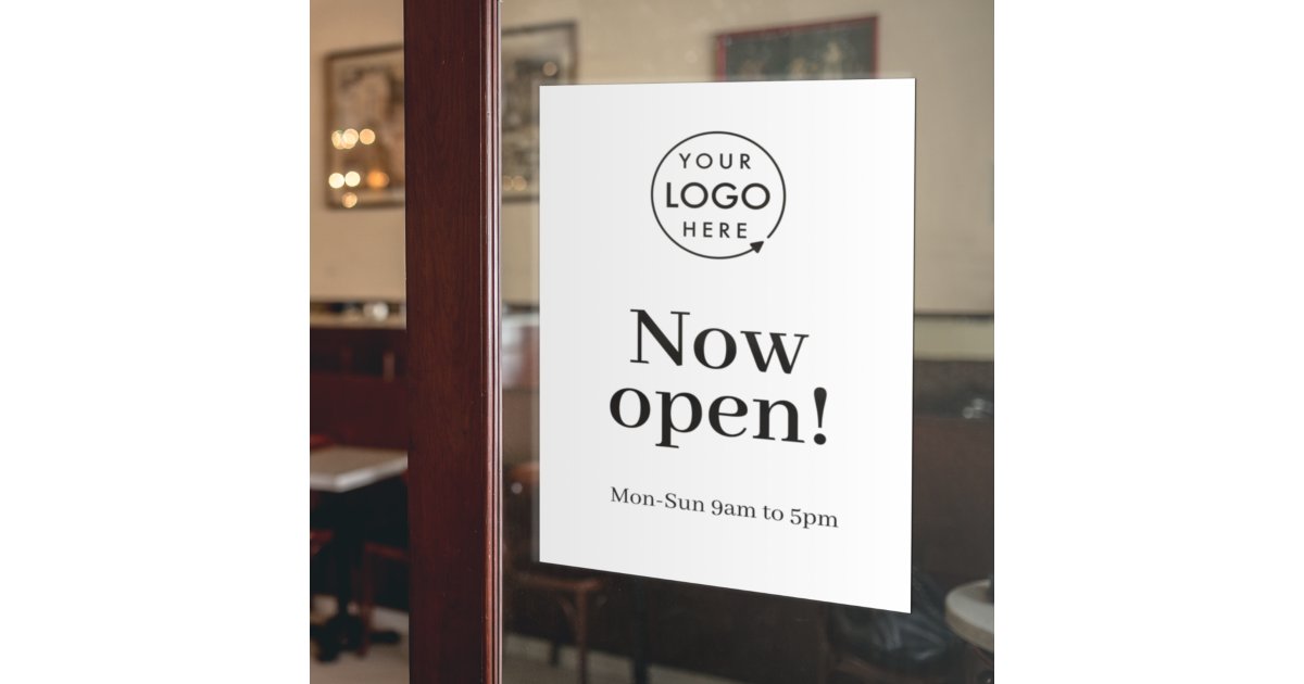 Now Open | Business Opening Times Logo White Window Cling | Zazzle