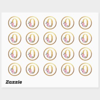 Number 0 Zero Pink Roses Floral & Elegant Gold Classic Round Sticker ...