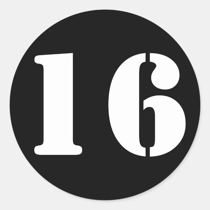 Number 16 Sixteen Black Stencil Numbers by Janz Classic Round Sticker ...