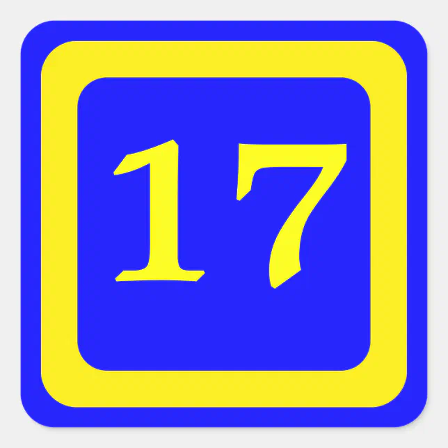 number 17, blue background, yellow frame square sticker | Zazzle