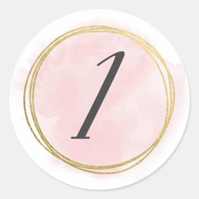 Number 1 One Monogram Blush Pink Watercolor Gold Classic Round Sticker ...