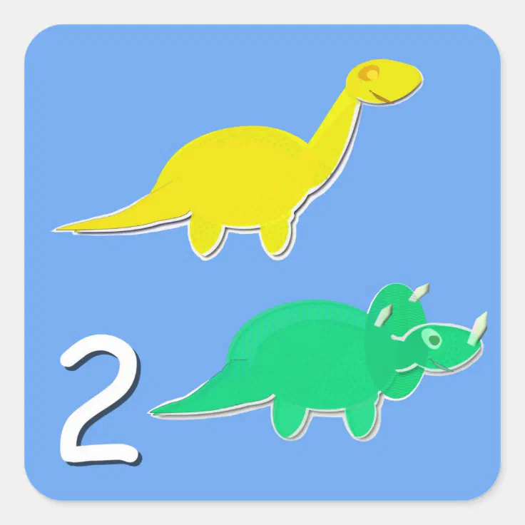 Number 2 Two Dinosaurs Counting Square Sticker | Zazzle
