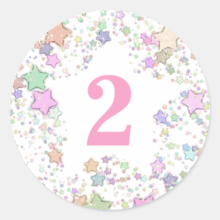 Number 2 TWO Girls 2nd Birthday Pastel Stars Classic Round Sticker | Zazzle