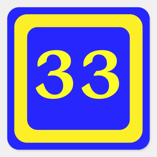 number 33, blue background, yellow frame square sticker | Zazzle.com