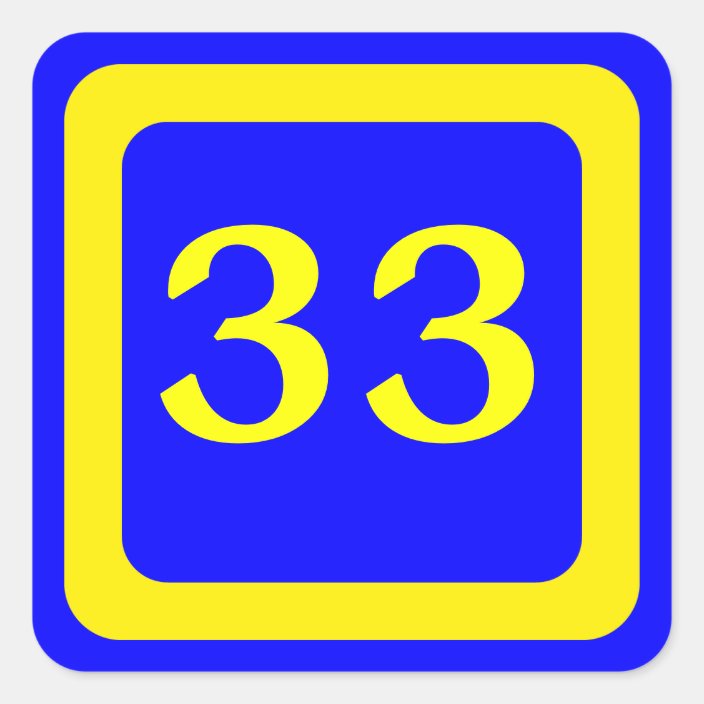 number 33, blue background, yellow frame square sticker | Zazzle.com