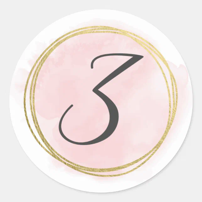 Number 3 Three Monogram Blush Pink Watercolor Gold Classic Round ...