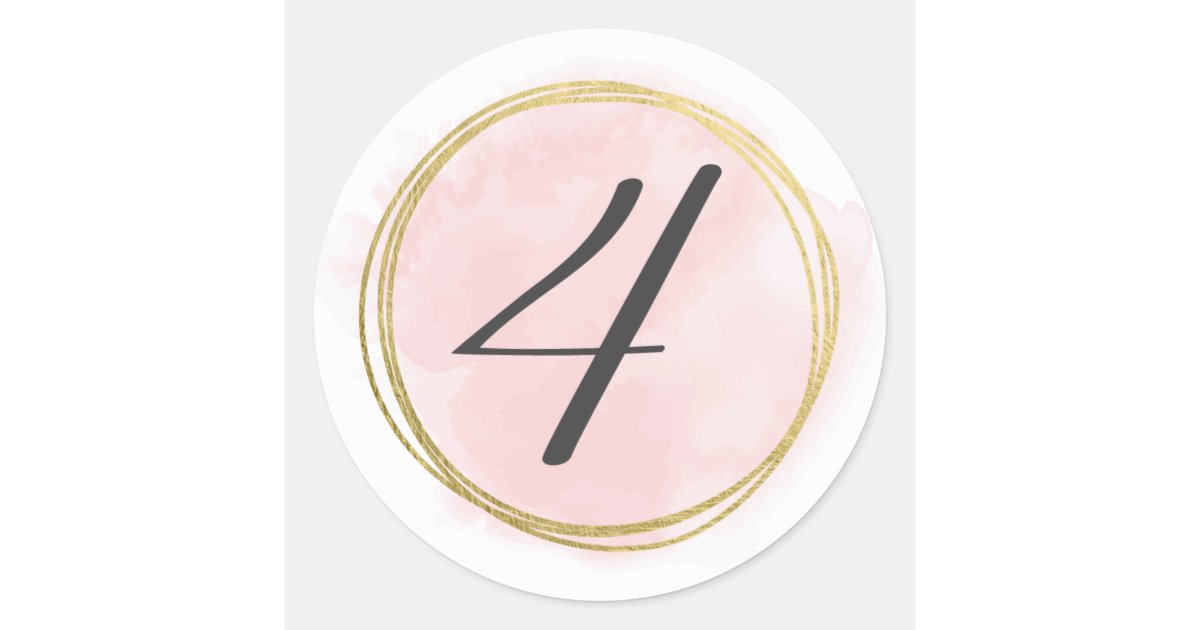 Number 4 Four Monogram Blush Pink Watercolor Gold Classic Round Sticker ...