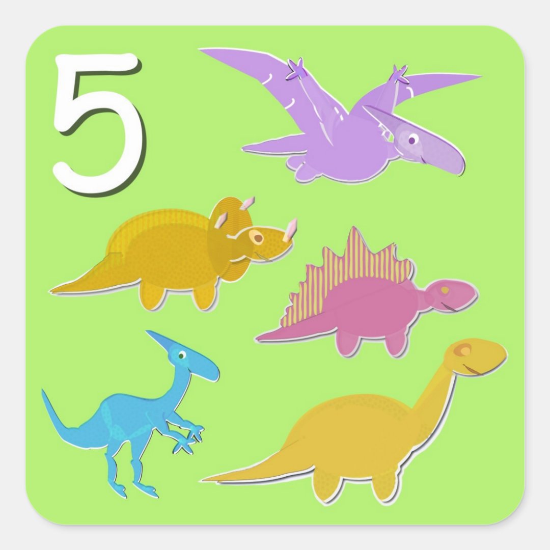 Number 5 Five Dinosaurs Counting Square Sticker | Zazzle