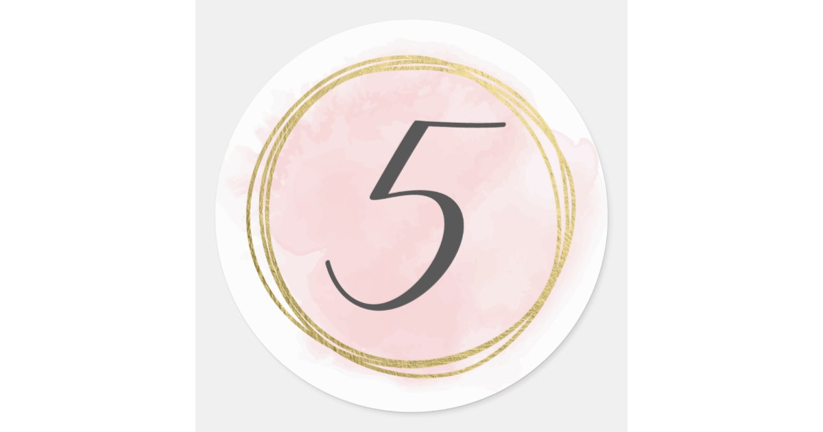 Number 5 Five Monogram Blush Pink Watercolor Gold Classic Round Sticker ...