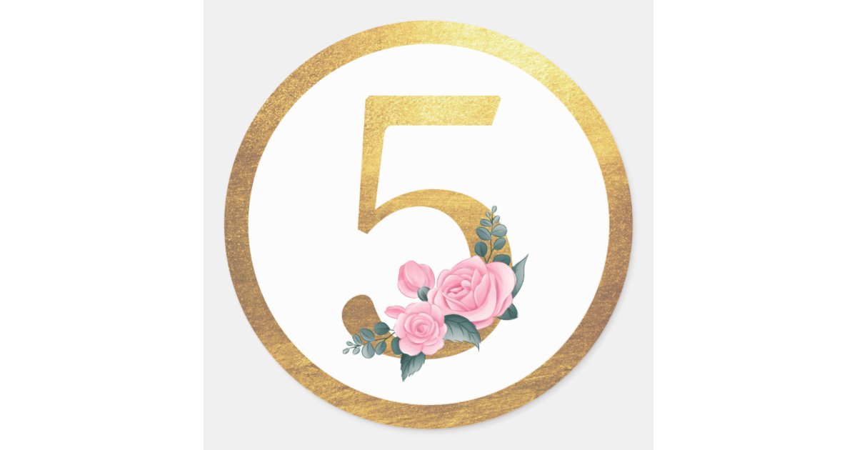 Number 5 Five Pink Roses Floral & Elegant Gold Classic Round Sticker ...