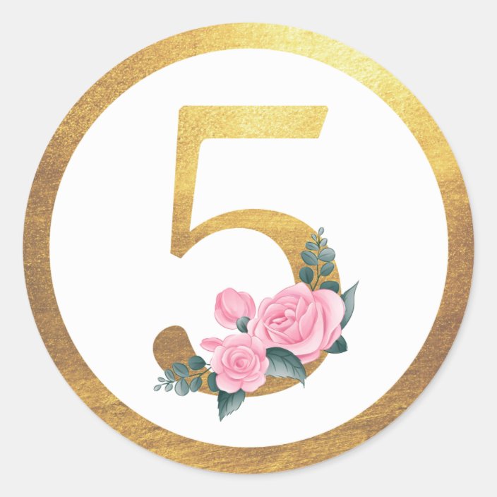 Number 5 Five Pink Roses Floral & Elegant Gold Classic Round Sticker ...