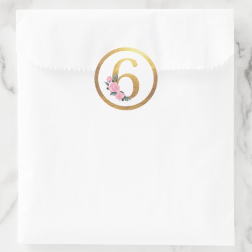 Number 6 Six Pink Roses Floral & Elegant Gold Classic Round Sticker ...