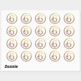 Number 6 Six Pink Roses Floral & Elegant Gold Classic Round Sticker ...