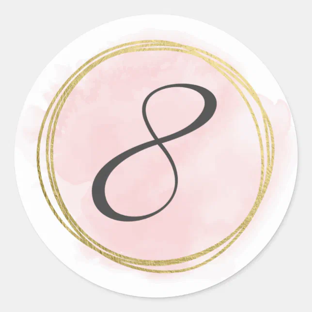 Number 8 Eight Monogram Blush Pink Watercolor Gold Classic Round ...