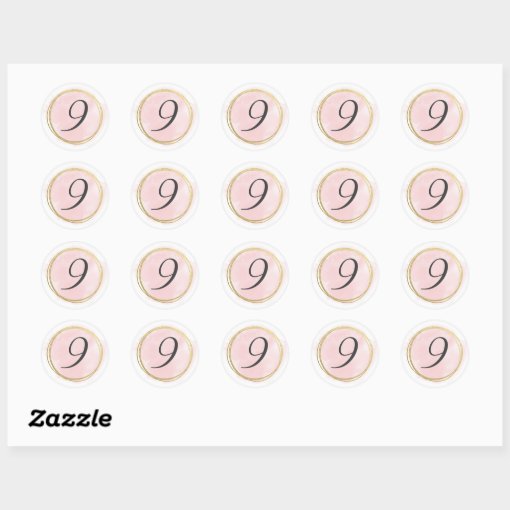 Number 9 Nine Monogram Blush Pink Watercolor Gold Classic Round Sticker ...