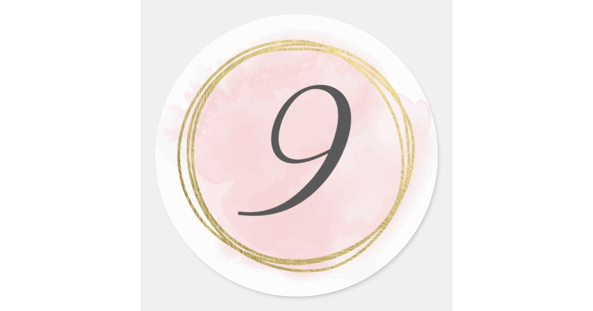 Number 9 Nine Monogram Blush Pink Watercolor Gold Classic Round Sticker ...