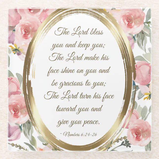 Numbers 6:24-26 The Lord Bless You Pink Floral Glass Coaster | Zazzle