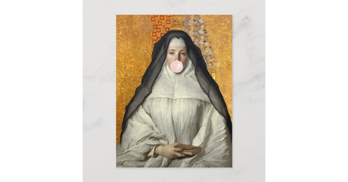 Nun Blowing a Pink Bubble gum Postcard | Zazzle