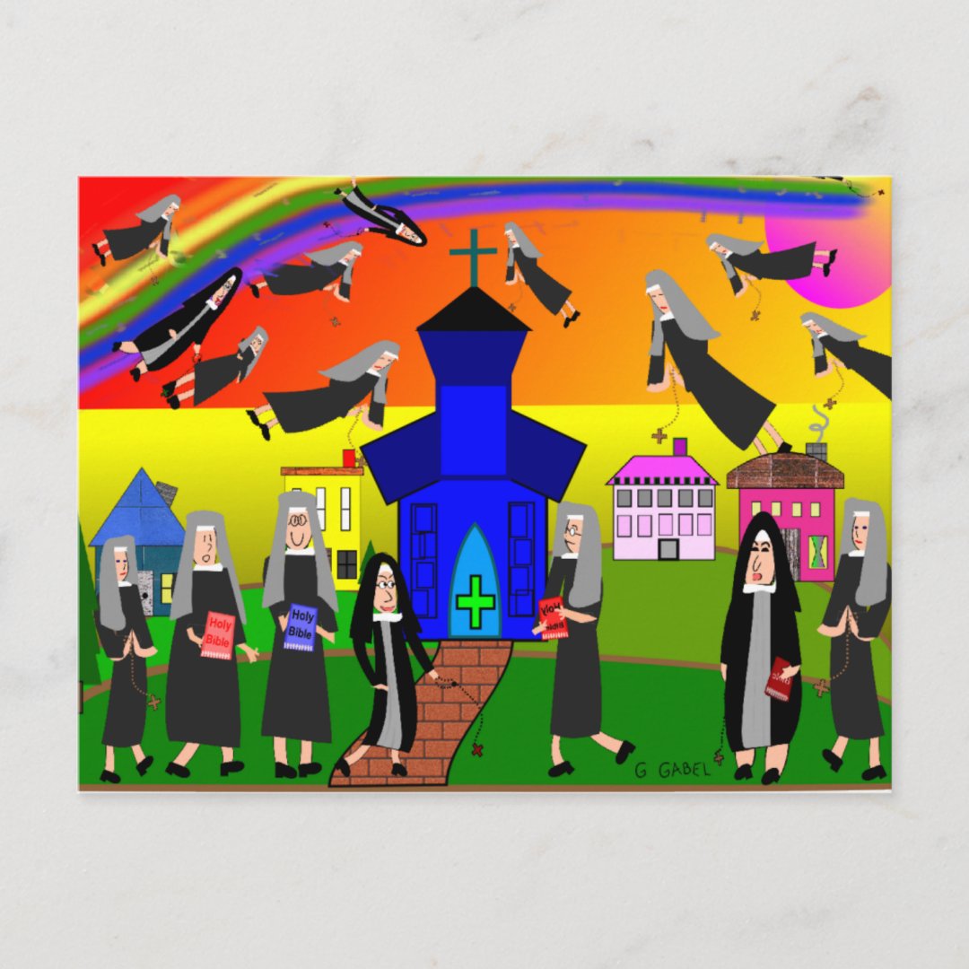Nuns "Flying Nuns" Whimsical Art Postcard | Zazzle