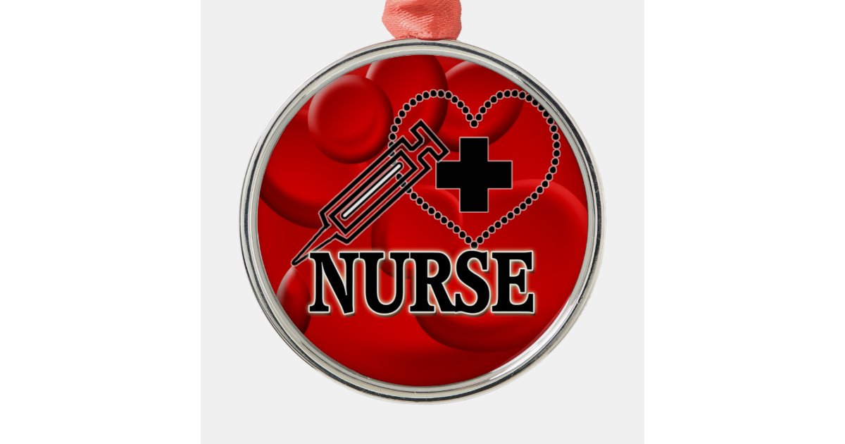 NURSE BLOOD CELLS SYRINGE HEART LOGO METAL ORNAMENT | Zazzle