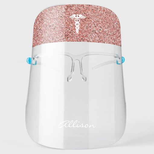 Nurse Caduceus Rose Gold Glitter Name Face Shield | Zazzle