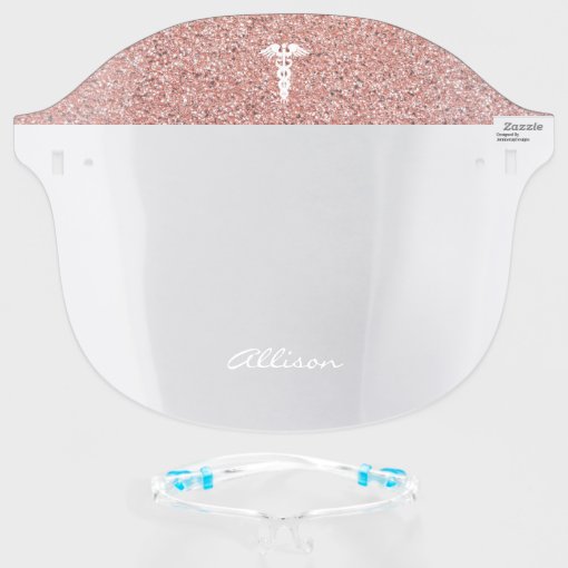Nurse Caduceus Rose Gold Glitter Name Face Shield | Zazzle