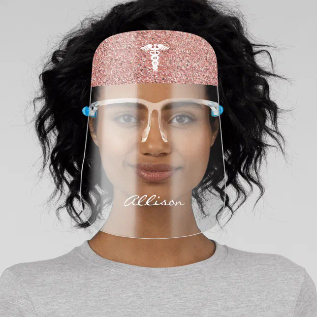 Nurse Caduceus Rose Gold Glitter Name Face Shield | Zazzle