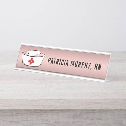 Nurse Cap RN Monogram Name Rose Gold Desk Name Plate | Zazzle